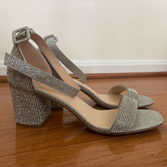 Shoes | Silver Rhinestone Sandals With Small Hill | Poshmark